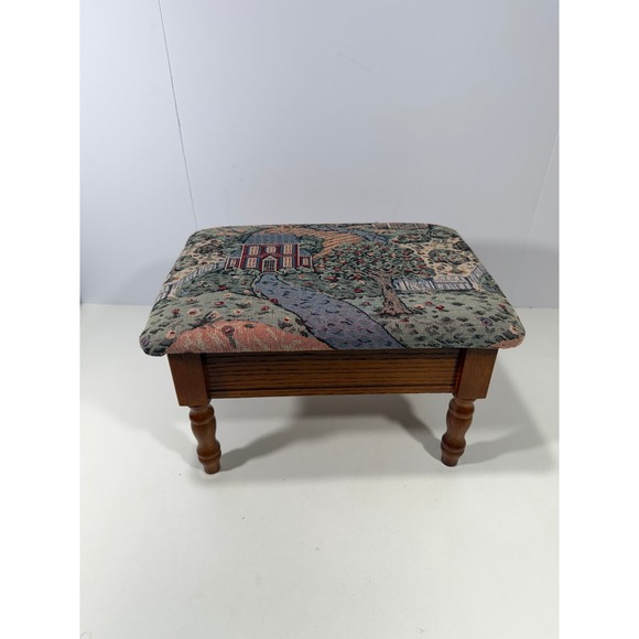 Accents | Vintage Tapestry Storage Footstool Wood Legs Country House ...